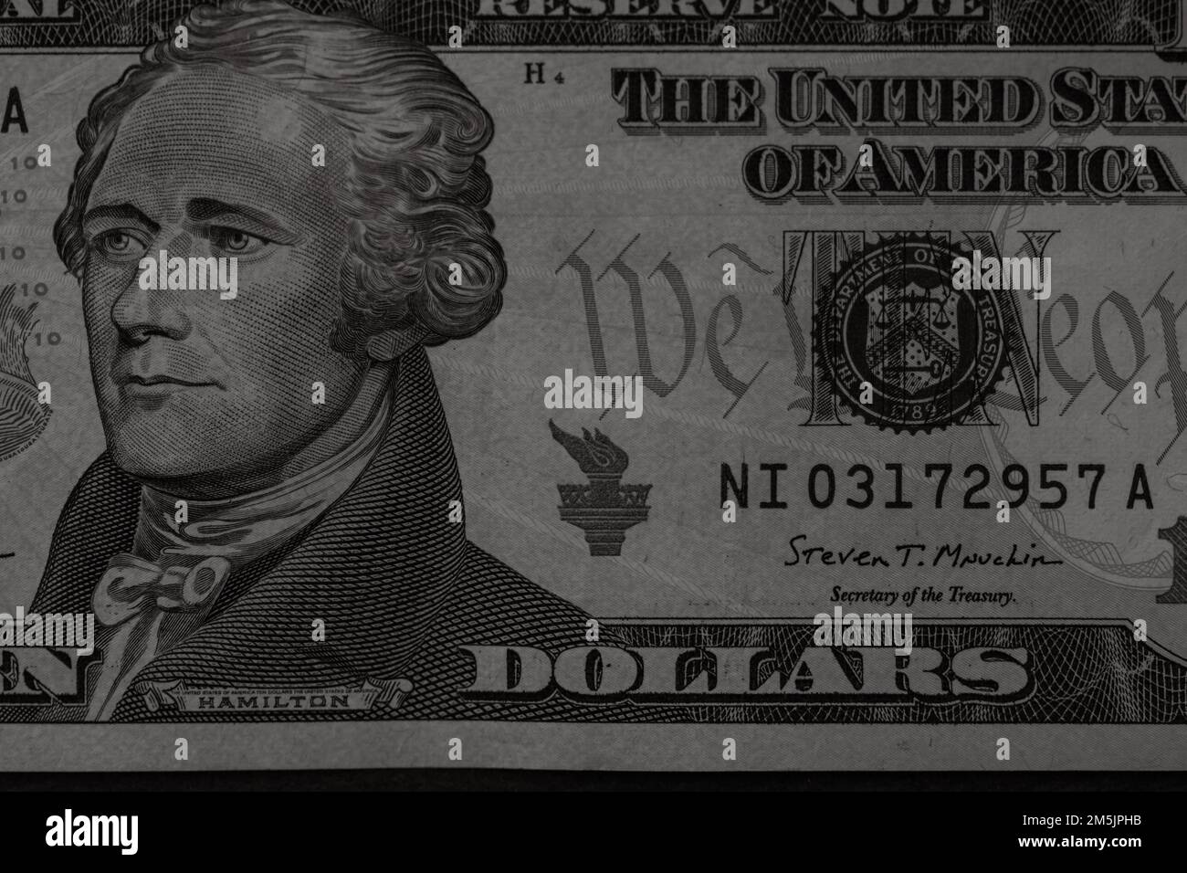 Selective focus on detail of 10 dollars banknote. Close up macro detail ...