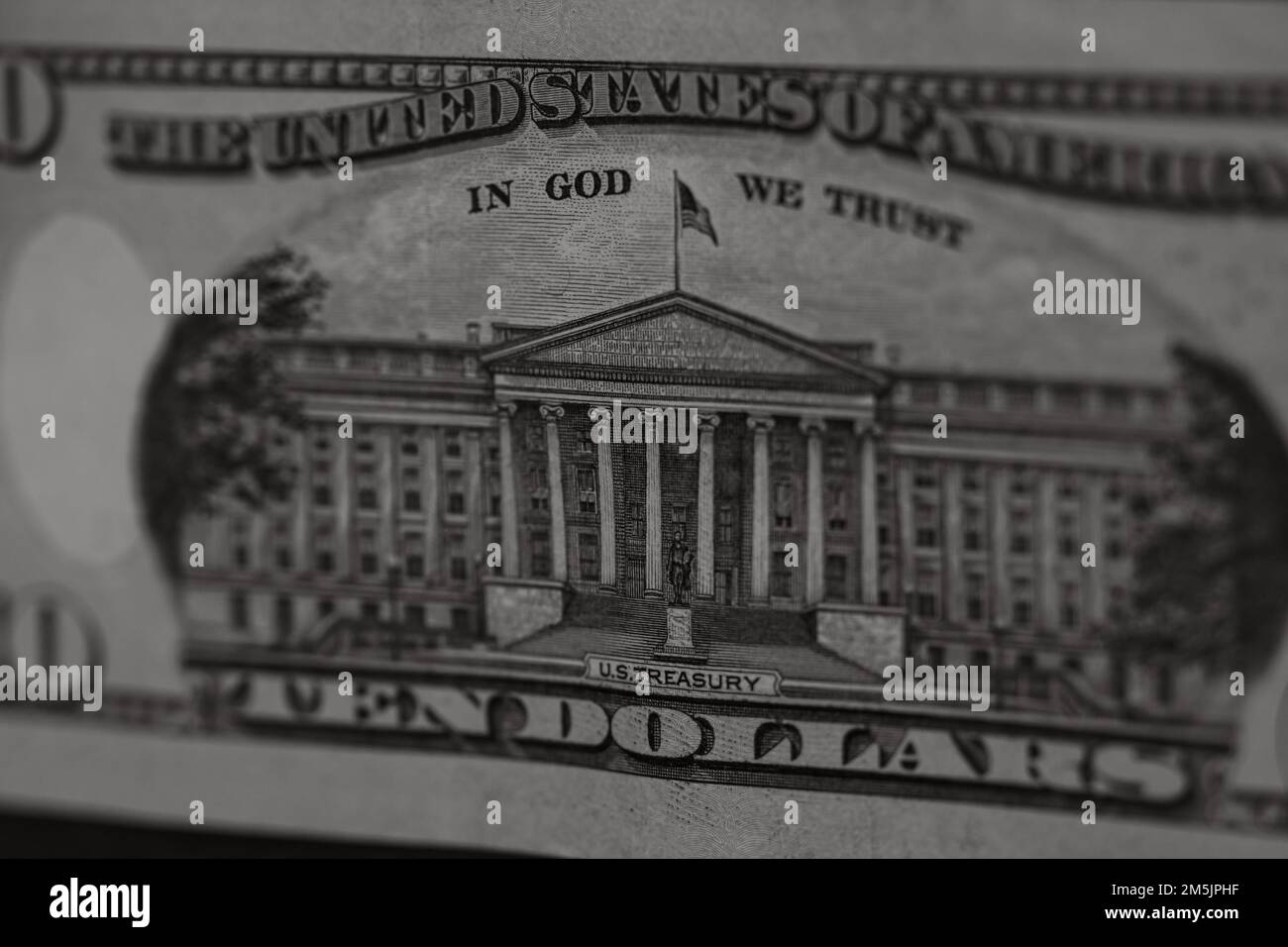 Selective focus on detail of 10 dollars banknote. Close up macro detail ...
