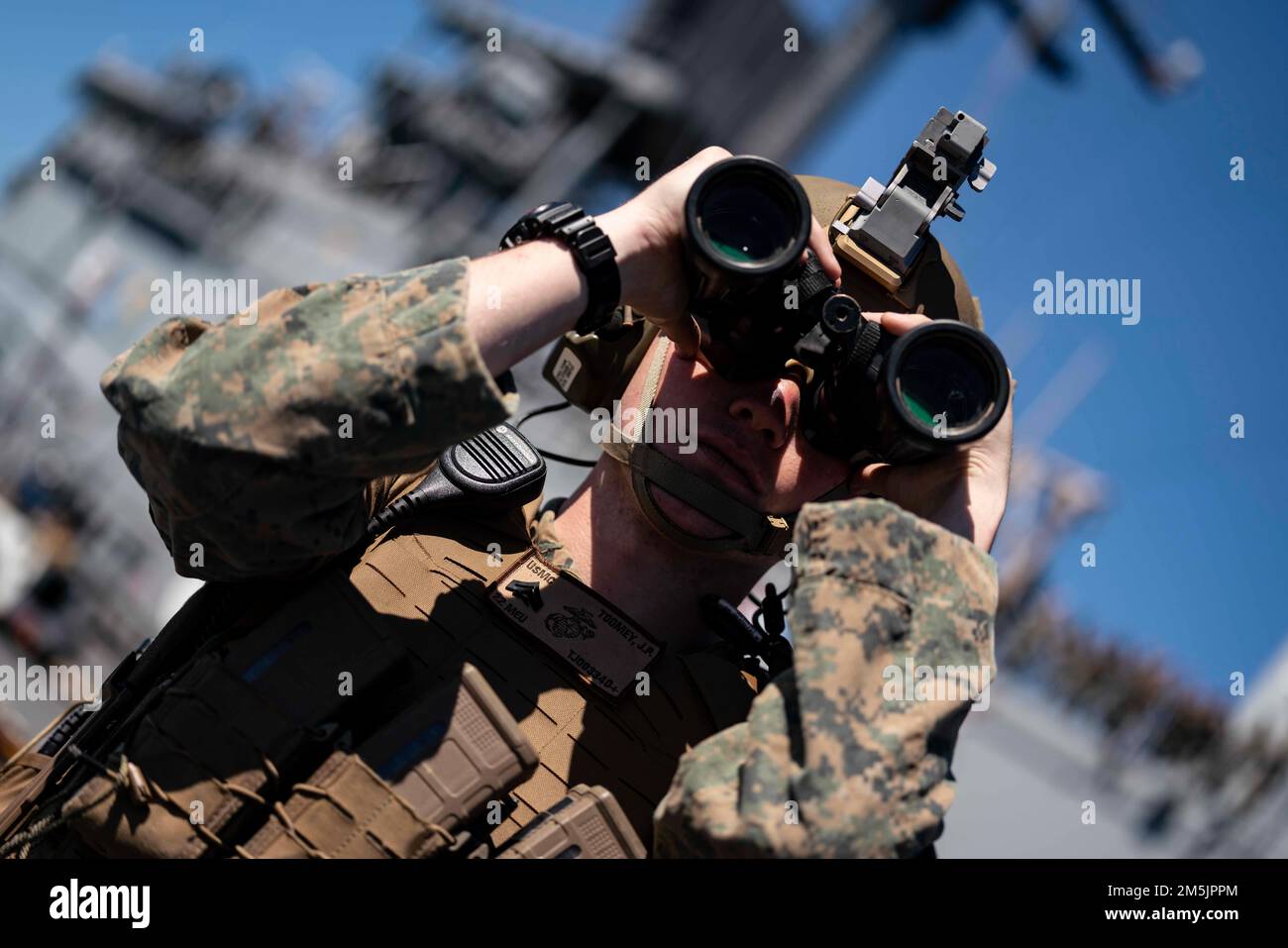 U.S. Marine Corps Cpl. John Toomey, a low altitude air defense gunner ...