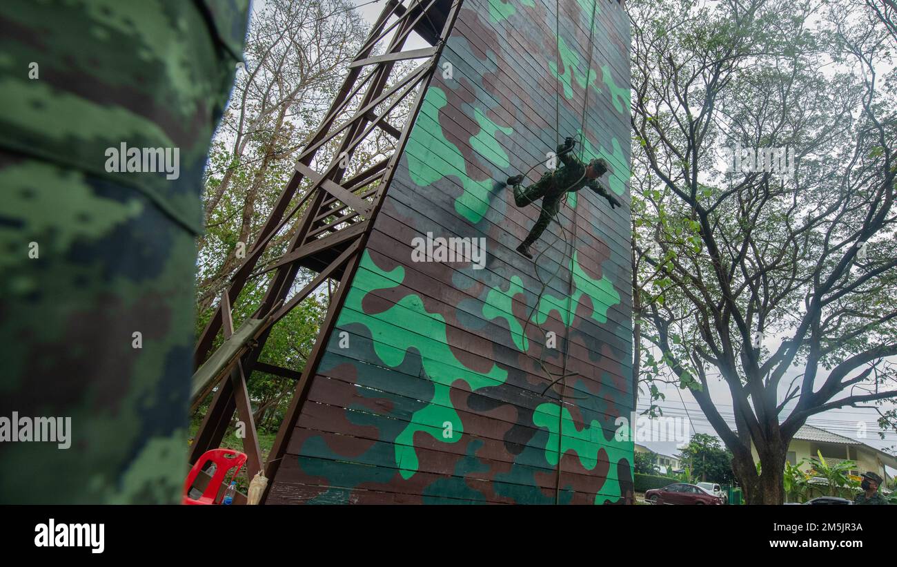 Instructors from the Royal Thai Army demonstrate repelling techniques ...