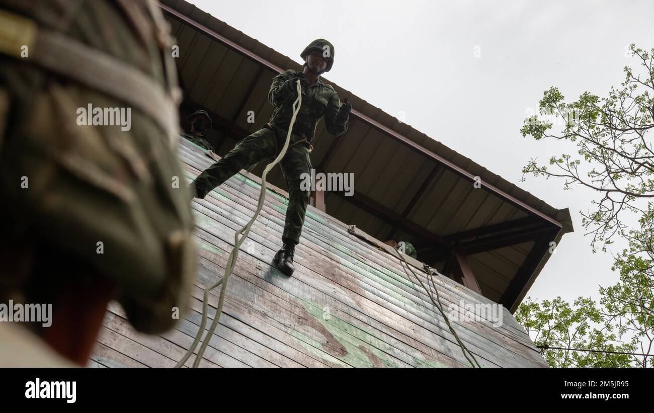 A Royal Thai Army Soldier descends a rappelling tower, Mar. 20, 2022 ...