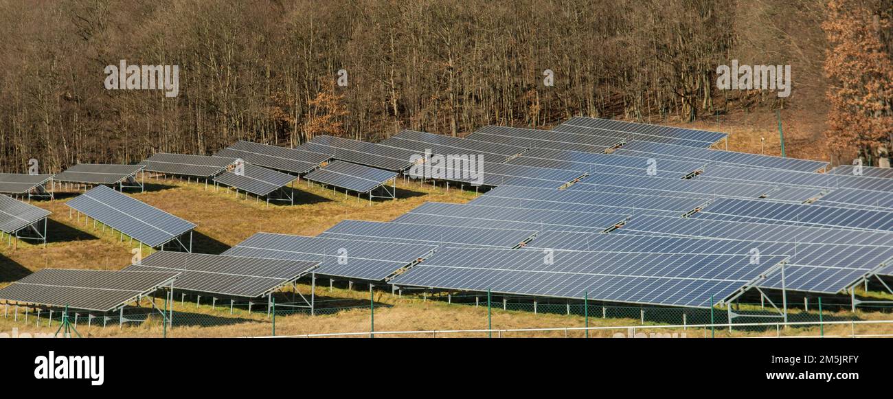 A solar photovoltaic power plant on the field. Solar panels on the ...