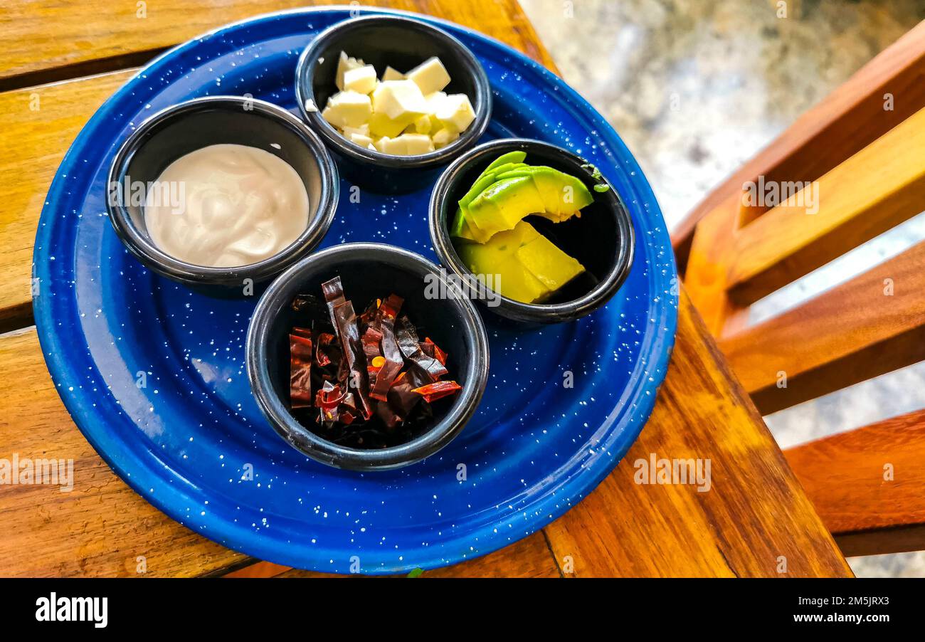 Mexican sauces spices avocado and lime in Playa del Carmen Quintana Roo ...