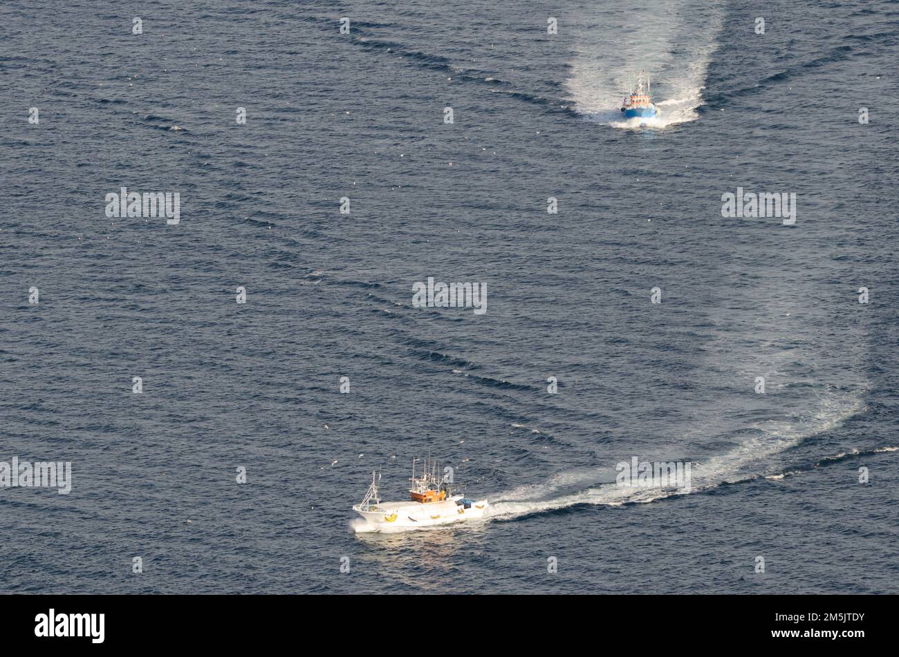 Rausu, November 28, 2017: View of fishing boats returning to port ...