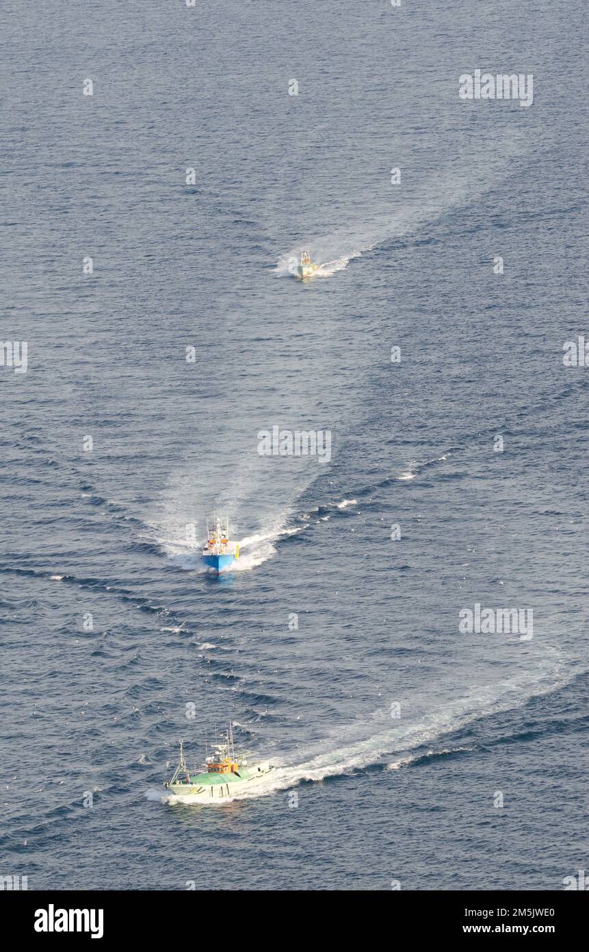 Rausu, November 28, 2017: View of fishing boats returning to port ...