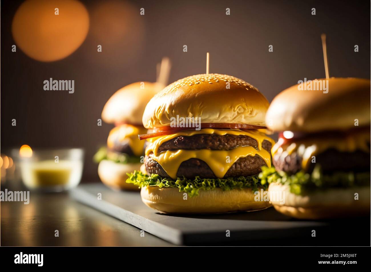 tasty double cheeseburger and a beautiful background with bokeh light ...