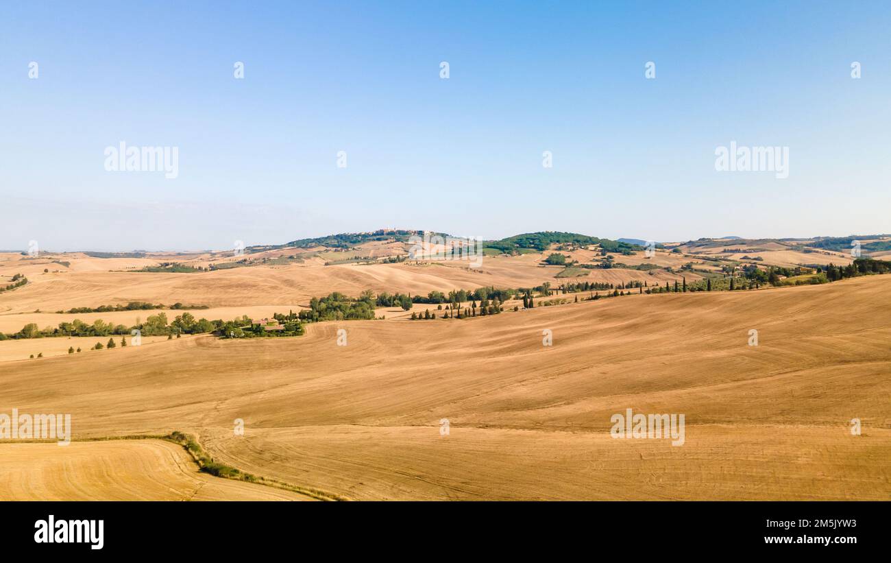 An aerial view of the Tuscany fields located in Italy seen on a ...