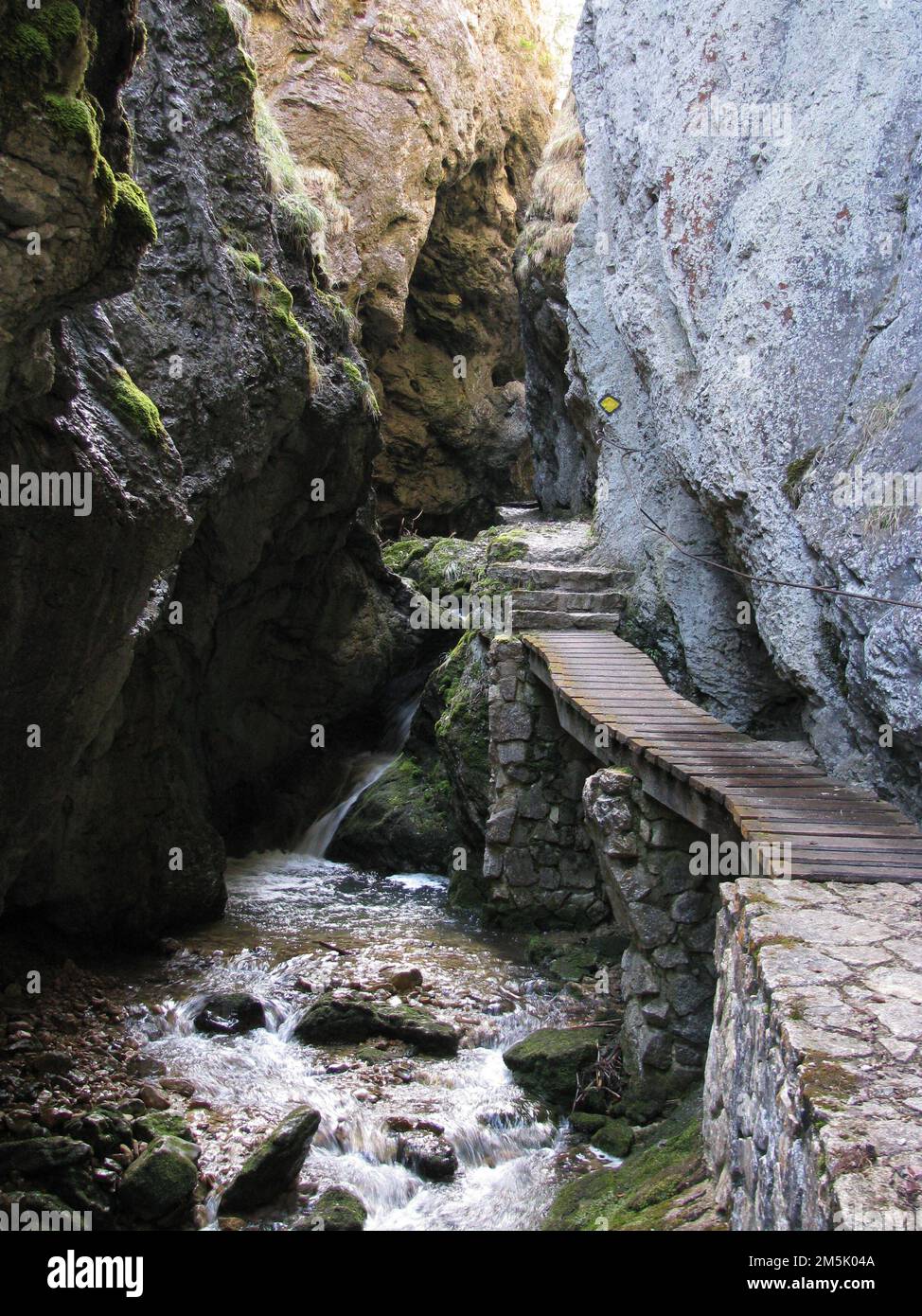 A vertical shot of a small wooden bridge built between two giant rocks ...