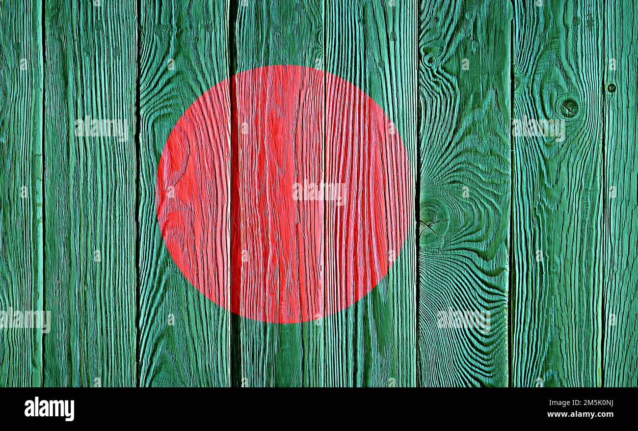 Bangladesh flag painted on old wood plank background. Brushed natural ...