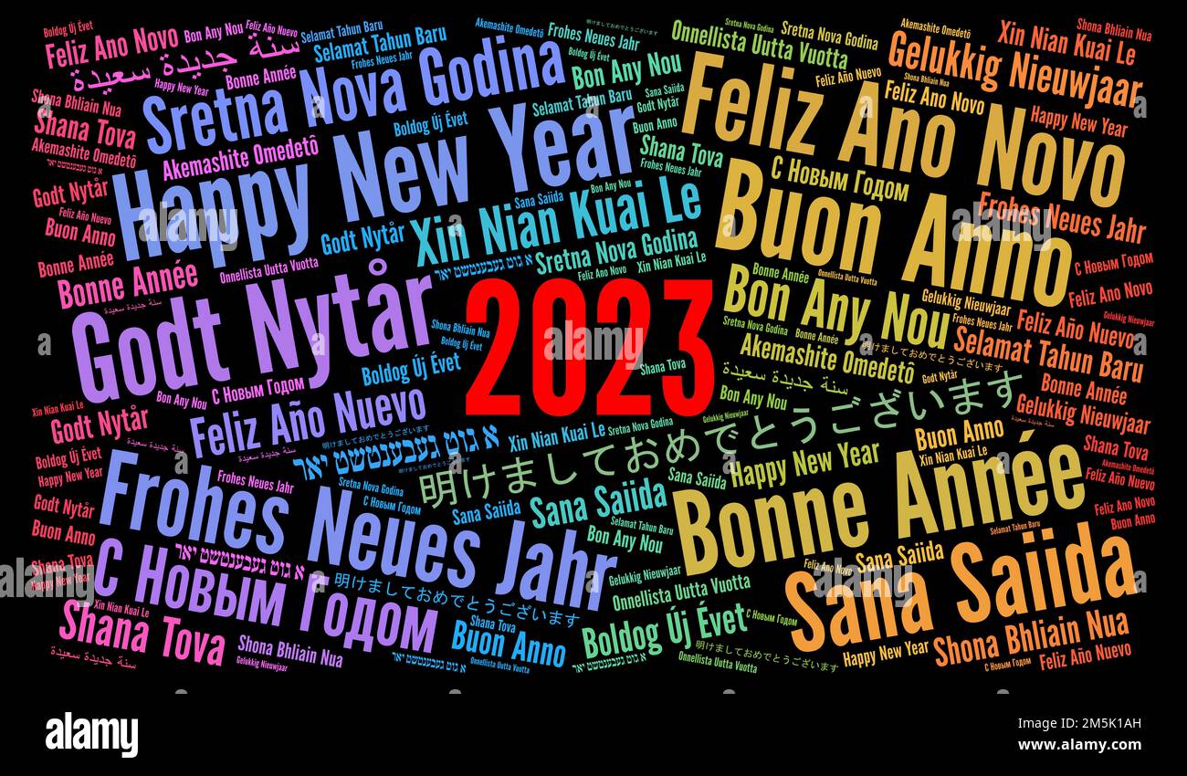 Happy New Year 2023 word cloud in different languages Stock Photo - Alamy