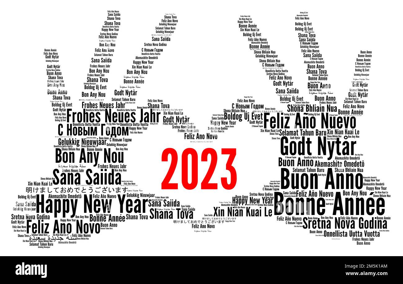 Happy New Year 2023 word cloud in different languages Stock Photo - Alamy