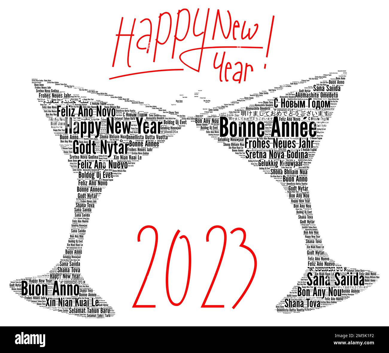 Happy New Year 2023 word cloud in different languages Stock Photo - Alamy