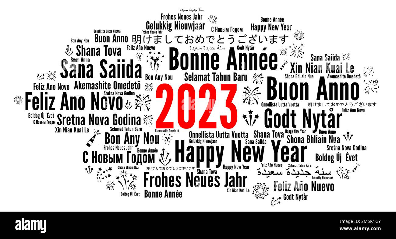 Happy New Year 2023 word cloud in different languages Stock Photo - Alamy