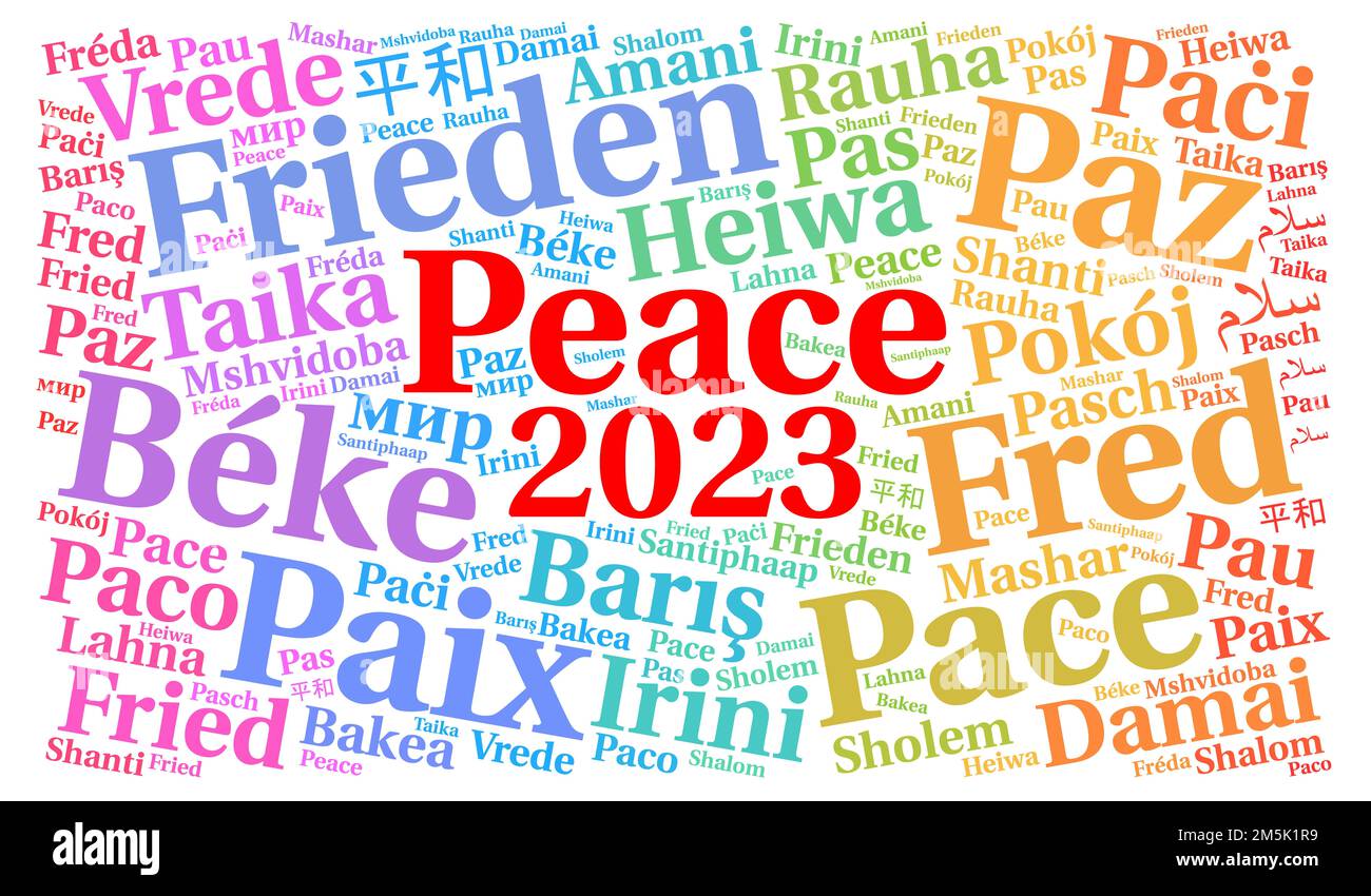 Peace 2023 word cloud in different languages Stock Photo - Alamy