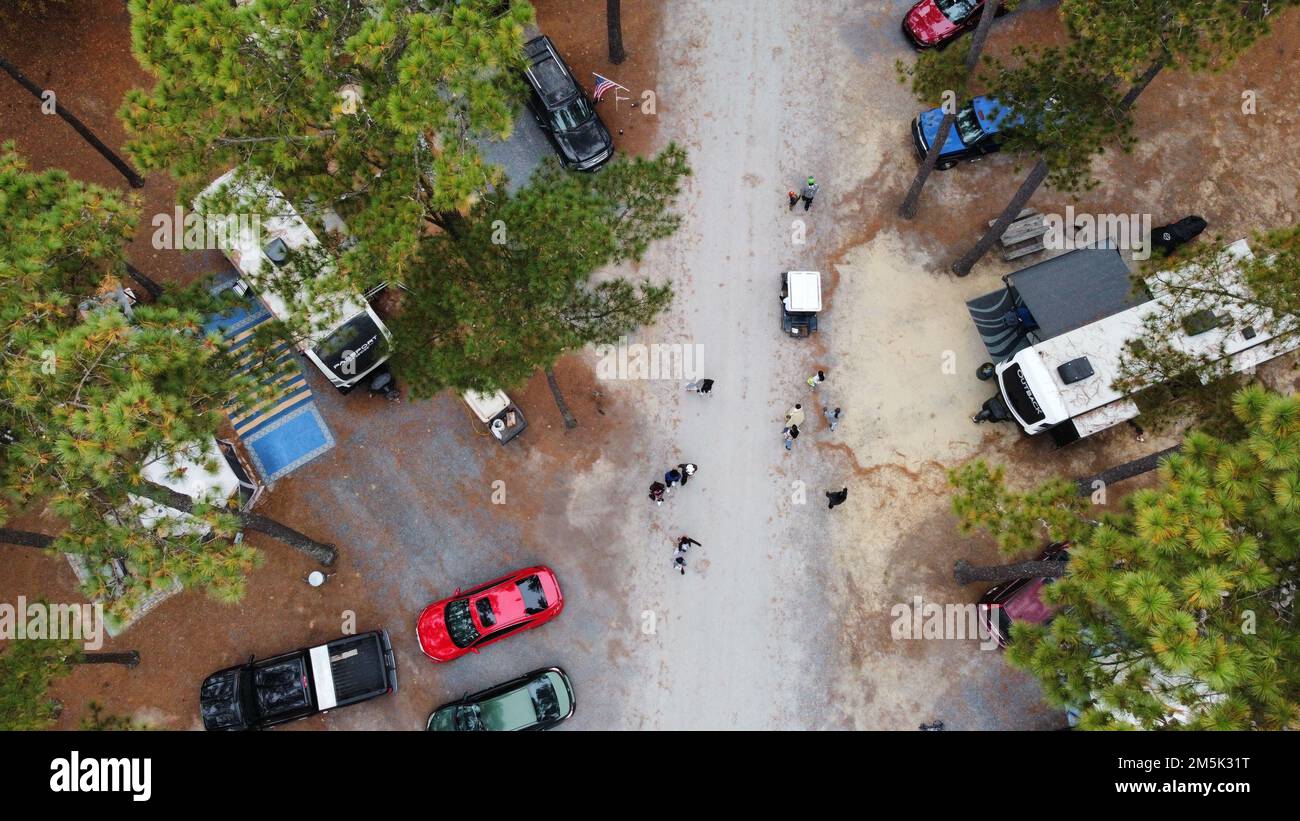 A beautiful view of Camp ground with cars and large trees in a forest ...