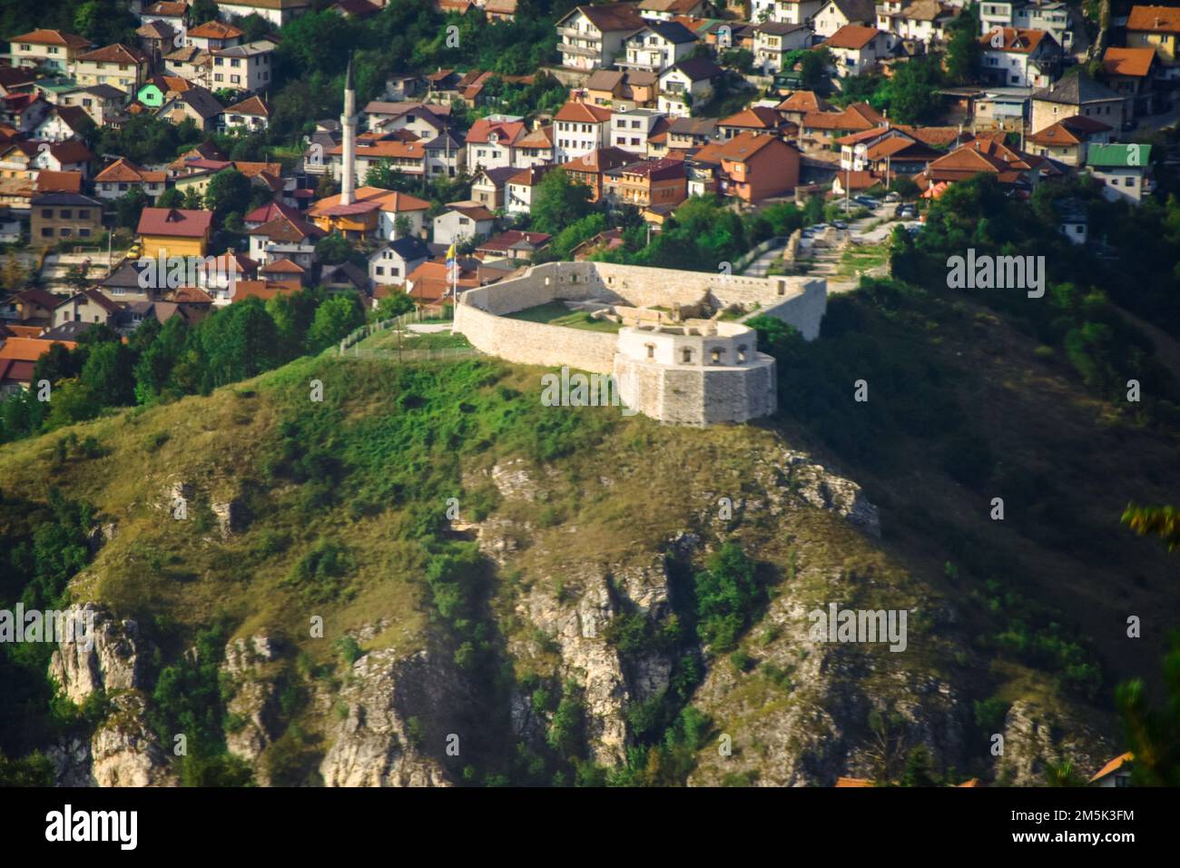 An aerial shot of the ancient castle on the top of hill in Sarajevo ...