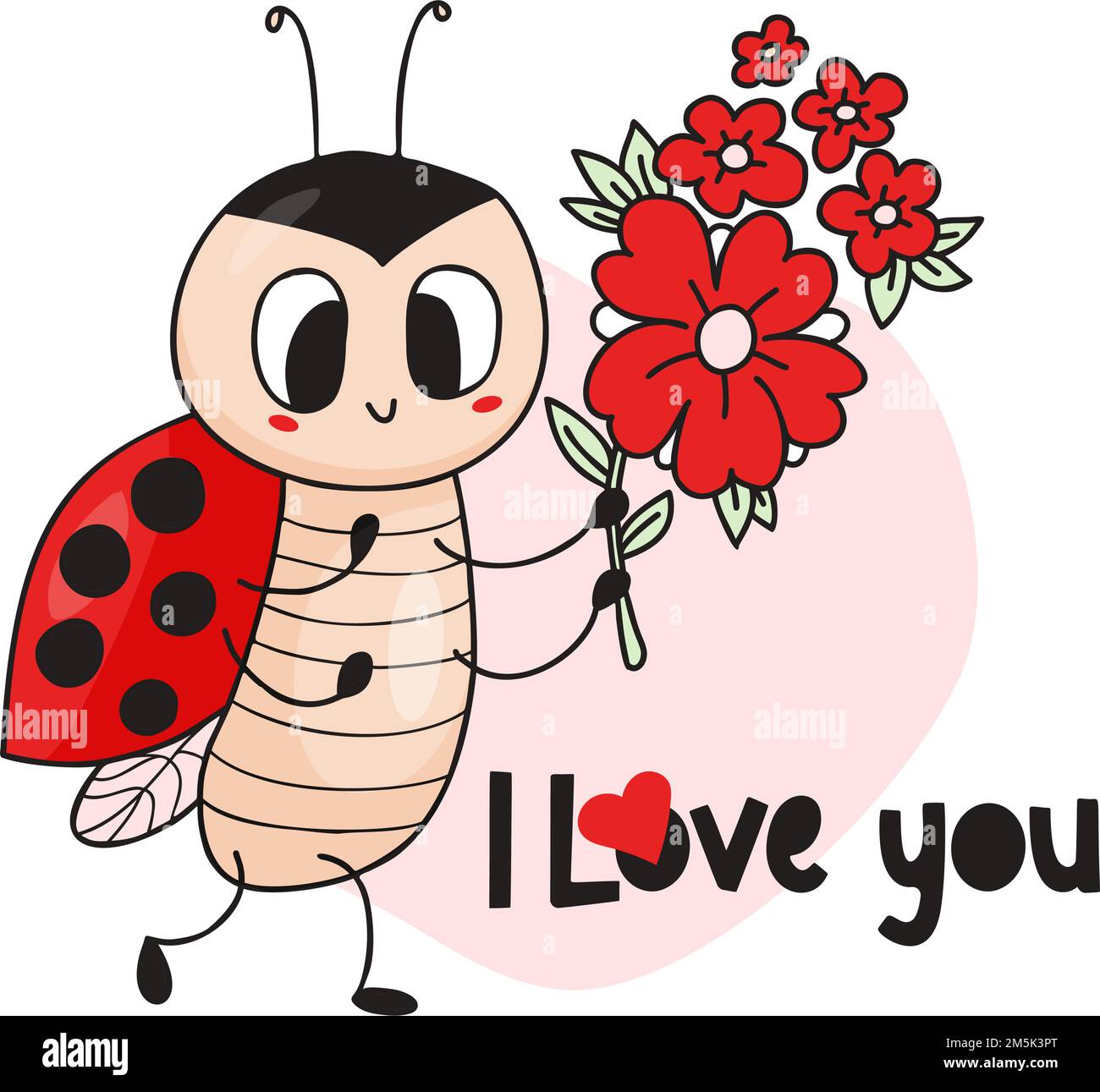 Funny winged insect ladybird with flower. Valentine card with cute ...