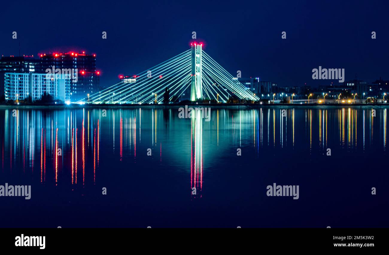 A beautiful view of the Lekki - Ikoyi Link Bridge with lights at night ...