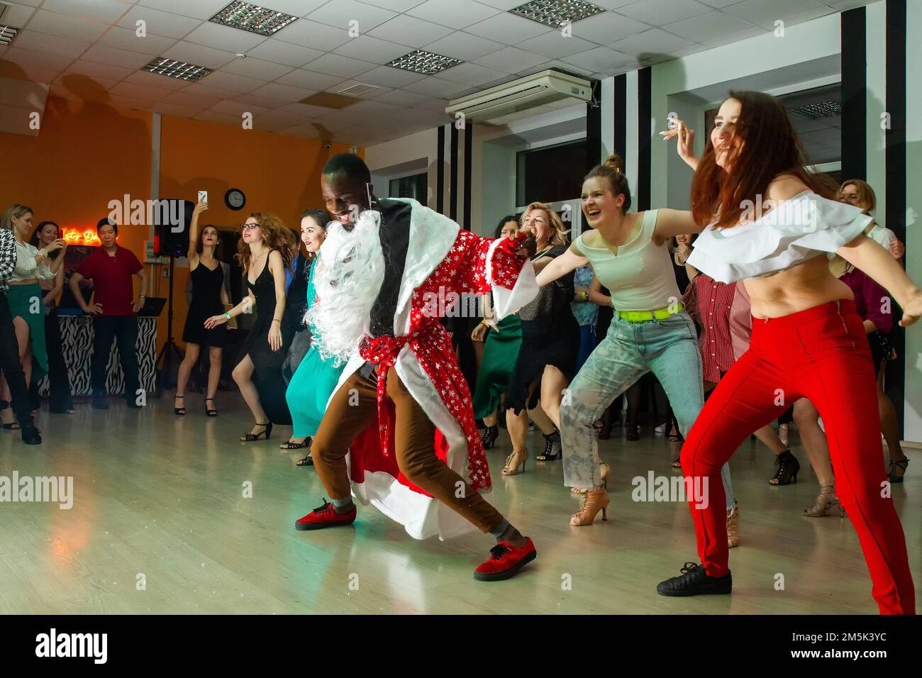 23-12-2022 Moscow, Russia. Afro-Russian dance teacher plays Ded Moroz ...