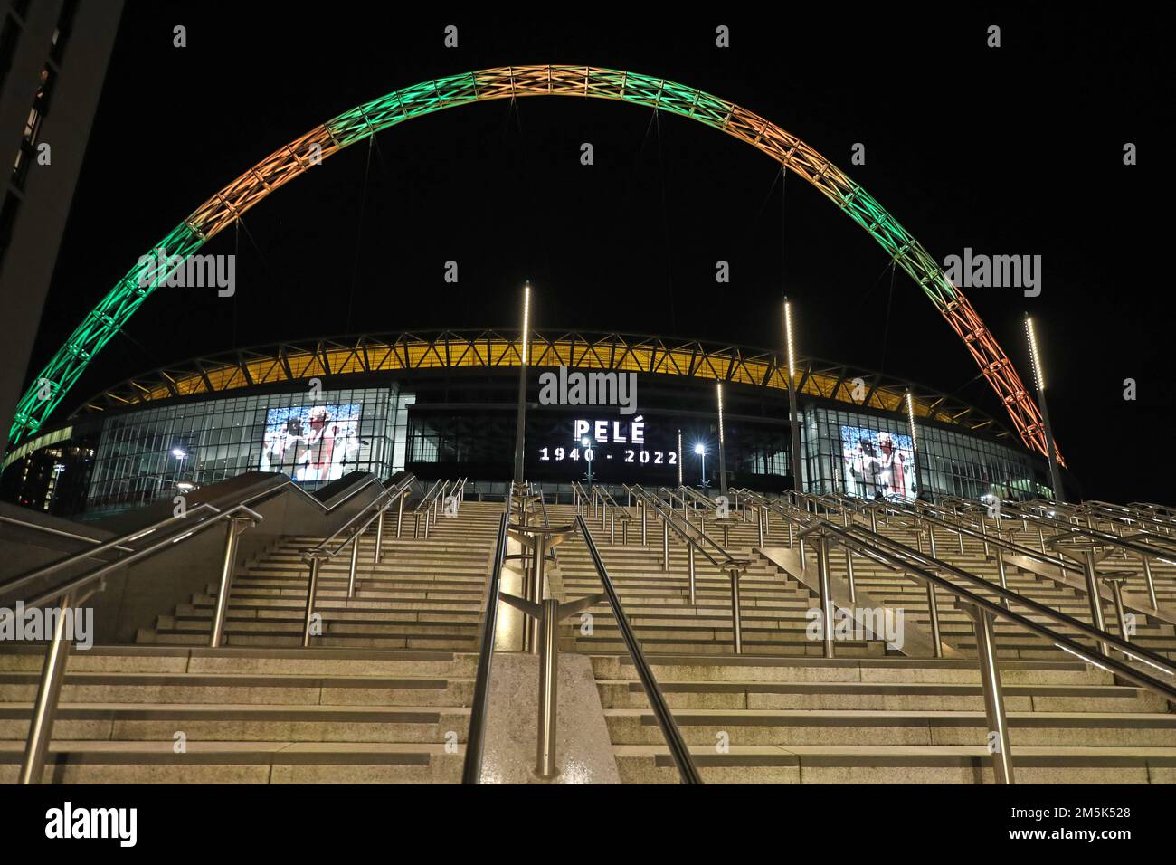 Wembley Stadium's arch in London, is lit up in the colours of Brazil ...