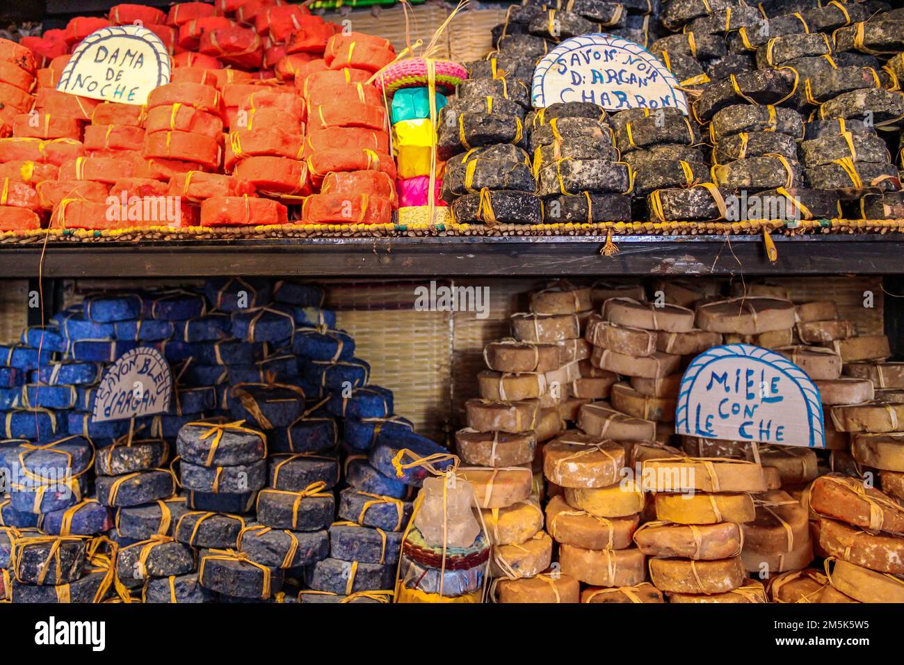 A closeup of sale of Moroccan soaps with various types in a market in ...
