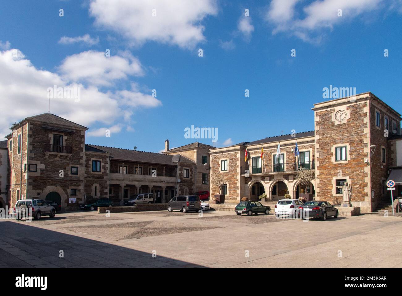 The town hall on the main square of Portomarín named Praza Conde Fenosa ...