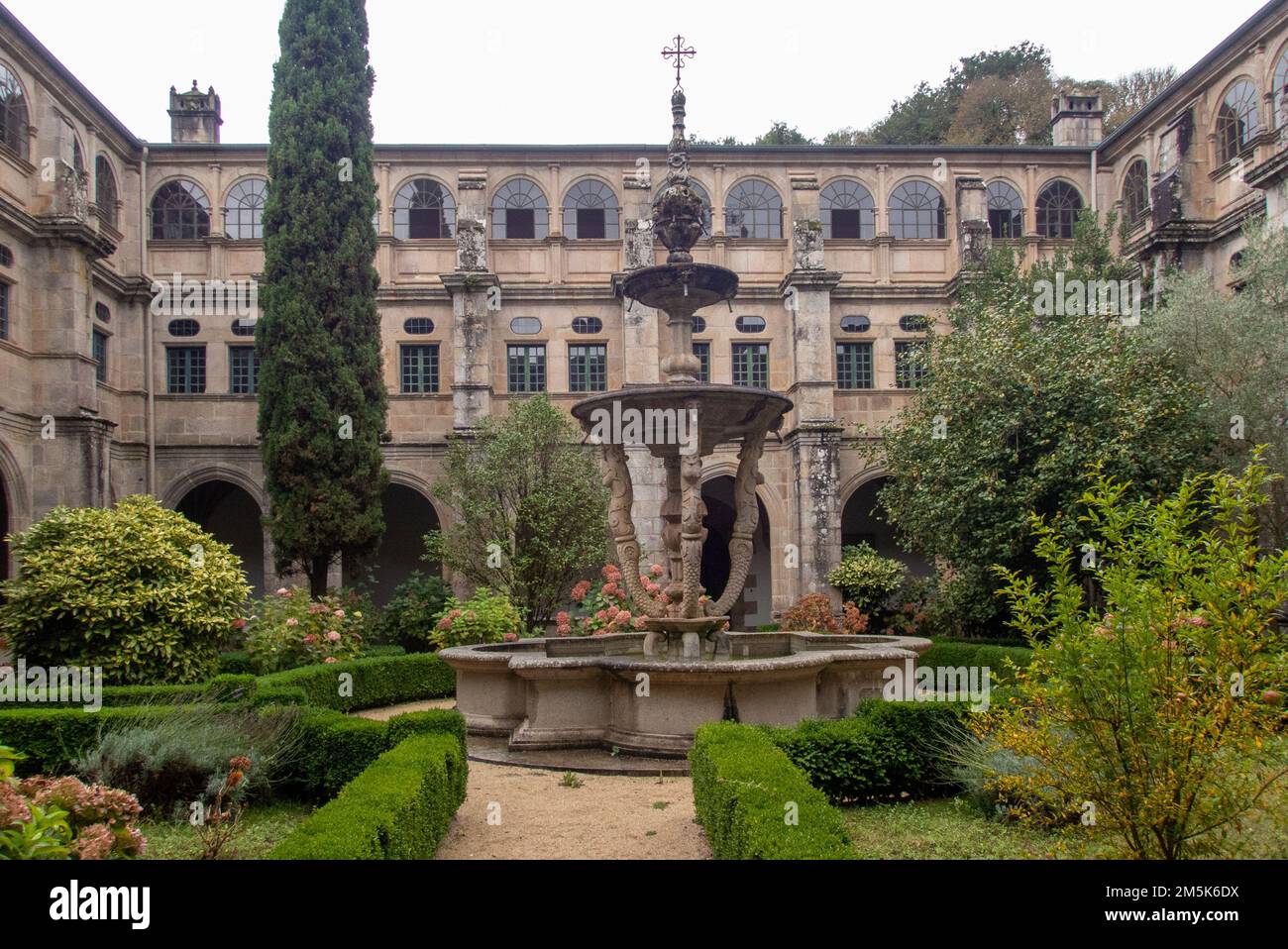The smaller courtyard of Samos monastery in Galicia with its garden. Situated in the valley of ...