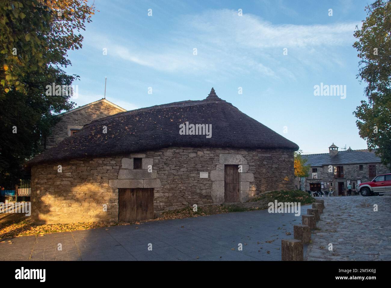 Early morning in O Cebreiro. A traditional Palloza house with its ...