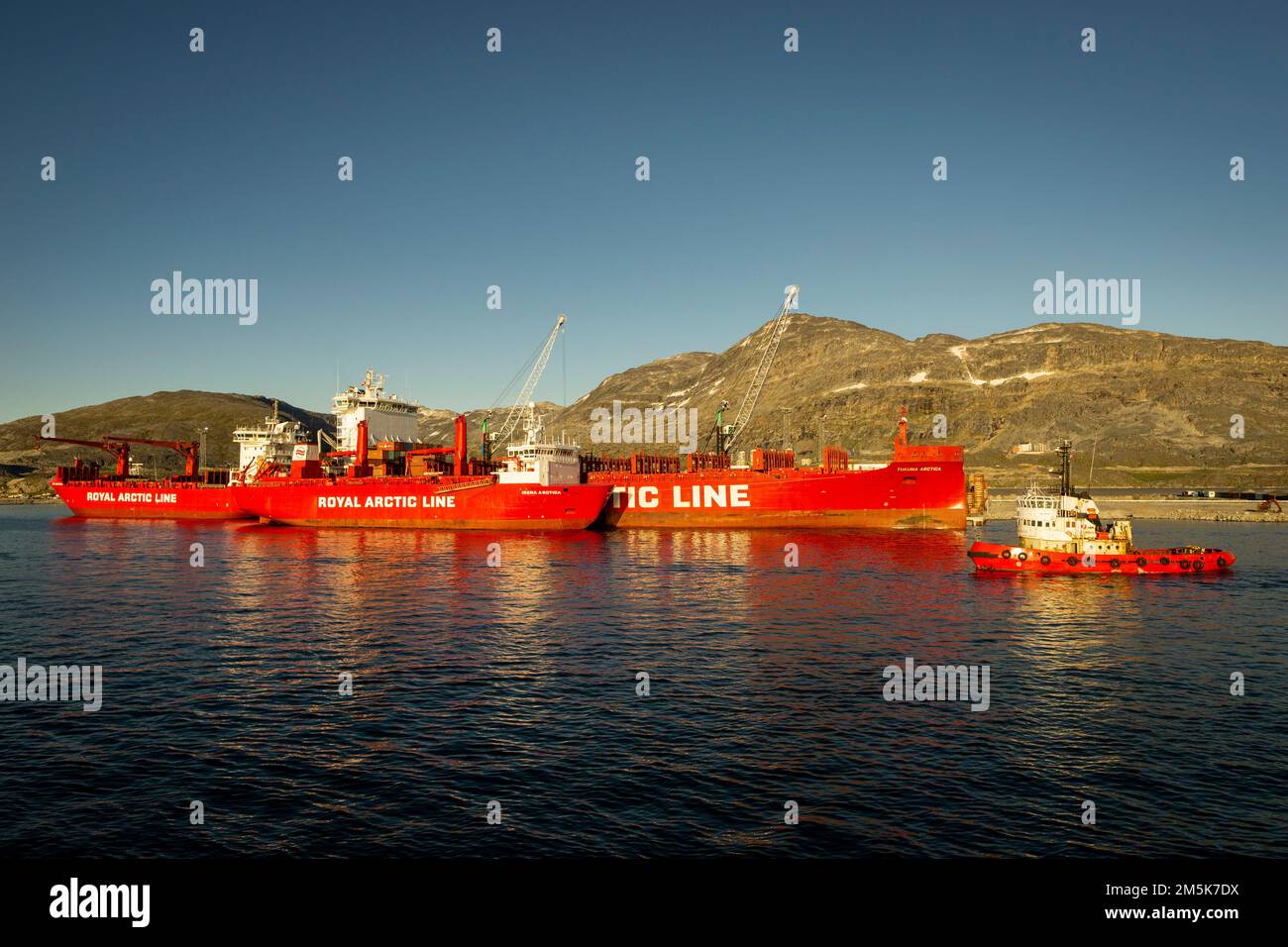 Ships of the Royal Arctic Line in the port of Nuuk on the west coast of ...