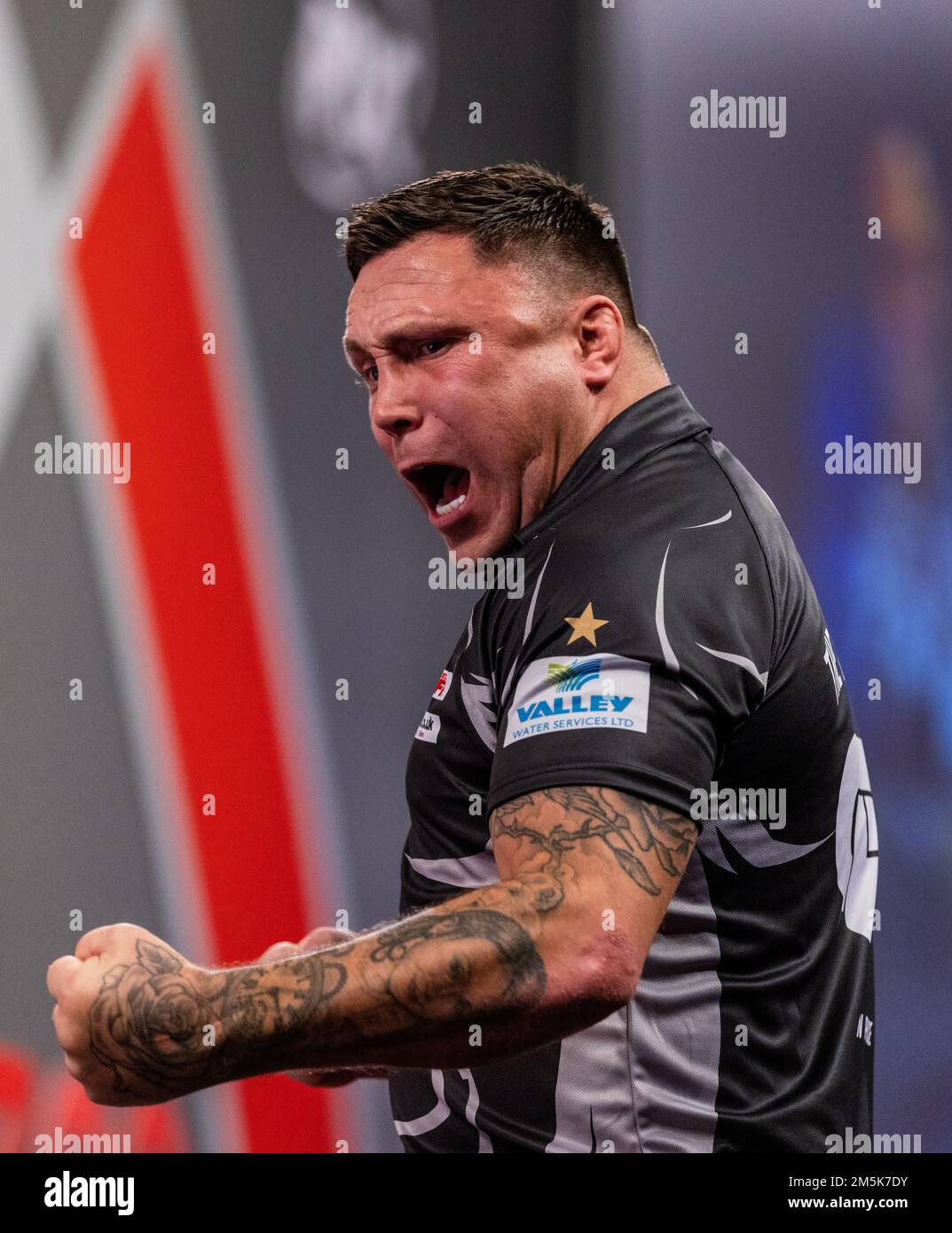 Gerwyn Price reacting during day twelve of the Cazoo World Darts Championship at Alexandra ...