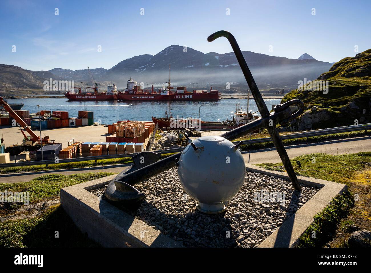 Ships of the Royal Arctic Line in the port of Nuuk on the west coast of ...
