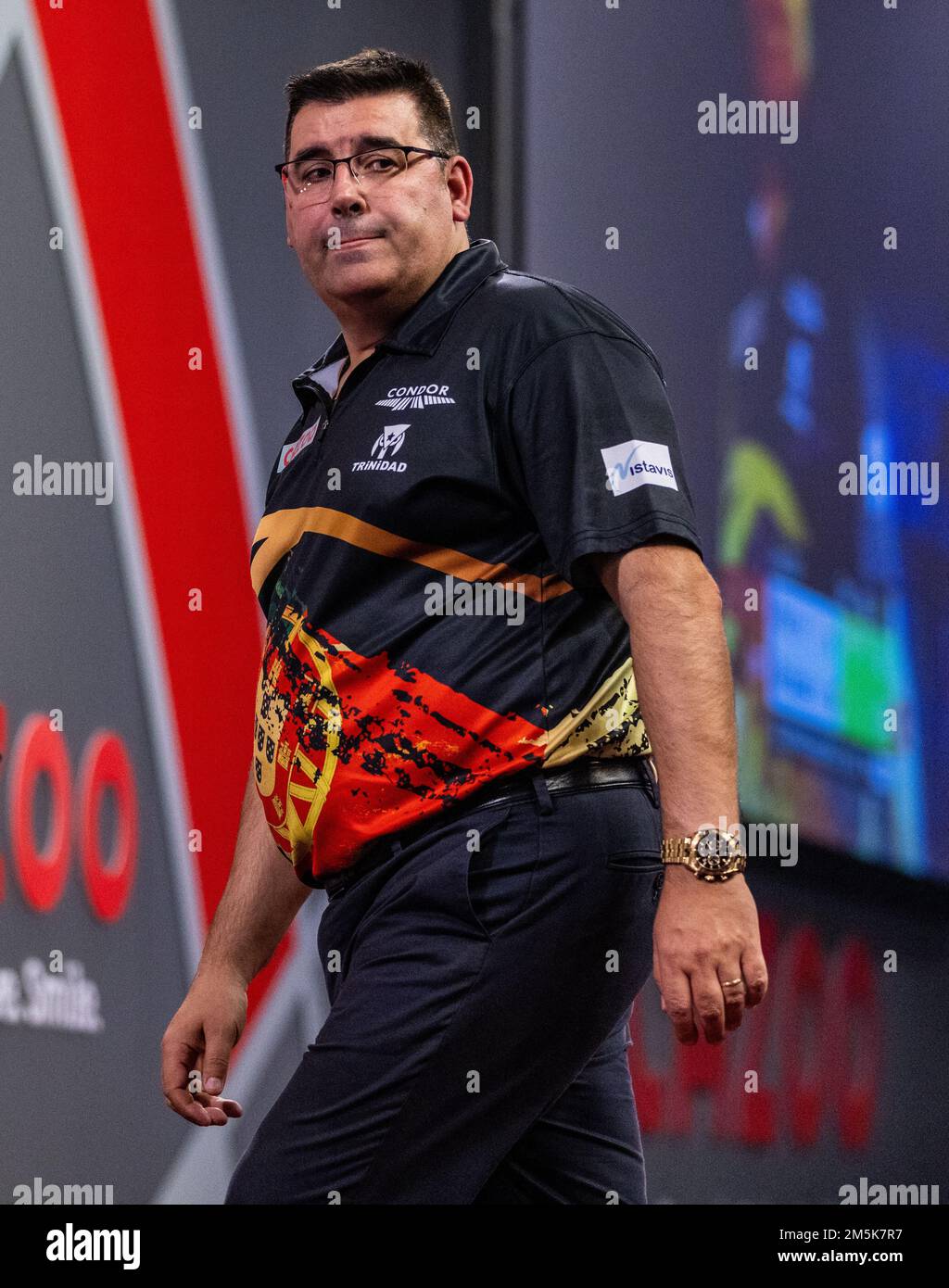 Jose de Sousa reacting during day twelve of the Cazoo World Darts ...