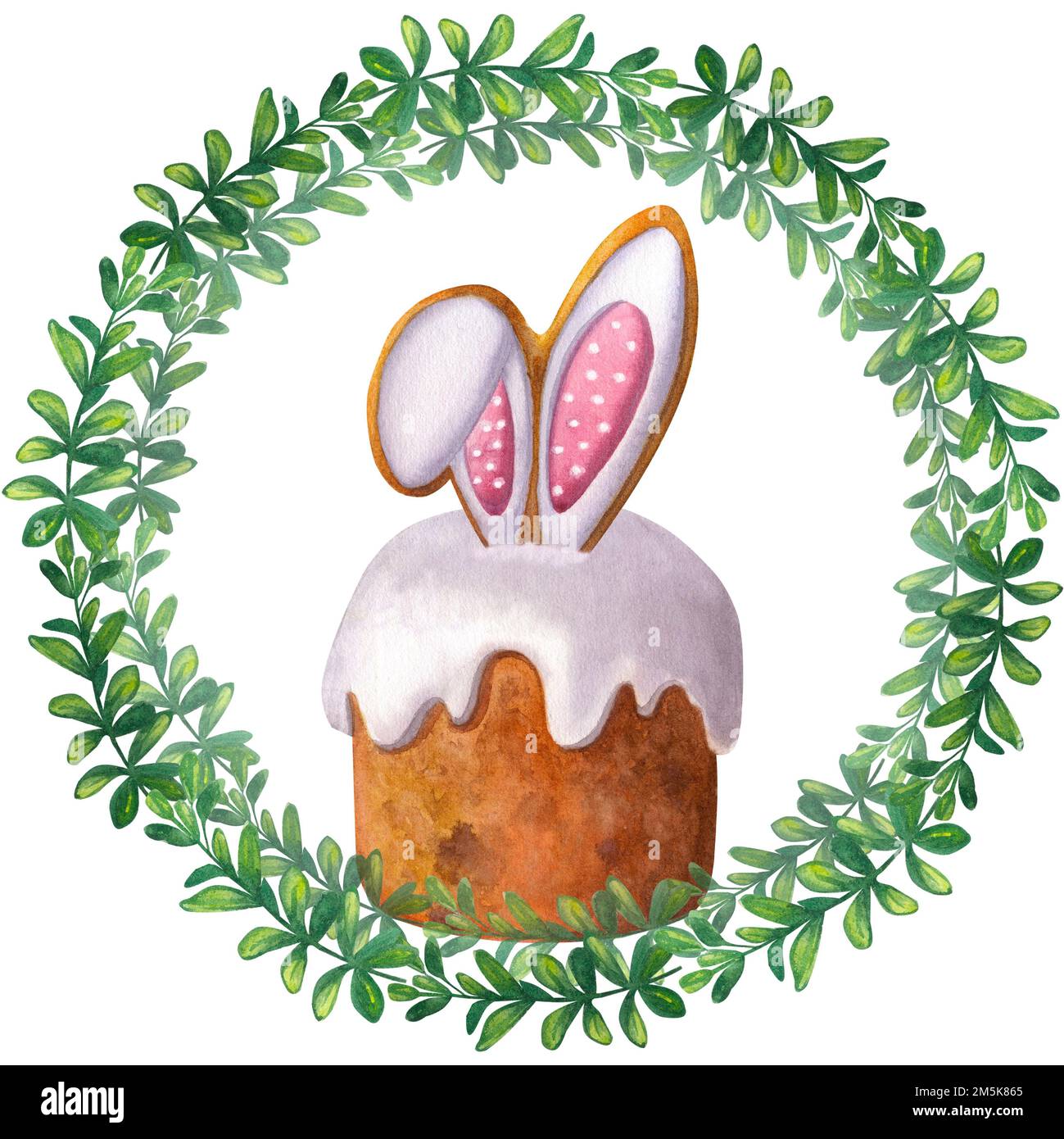 Doodle green foliage round frame and festive Easter cake with rabbit ...