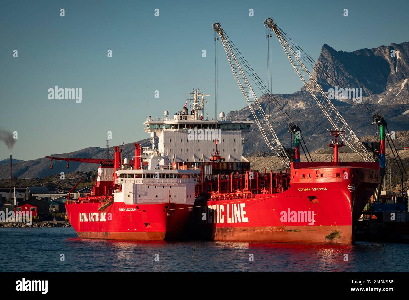 Ships of the Royal Arctic Line in the port of Nuuk on the west coast of ...