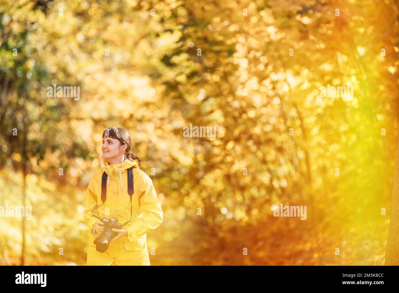 Fun Enjoy Outdoor Autumn Nature. Tourist Woman Walking And Taking ...