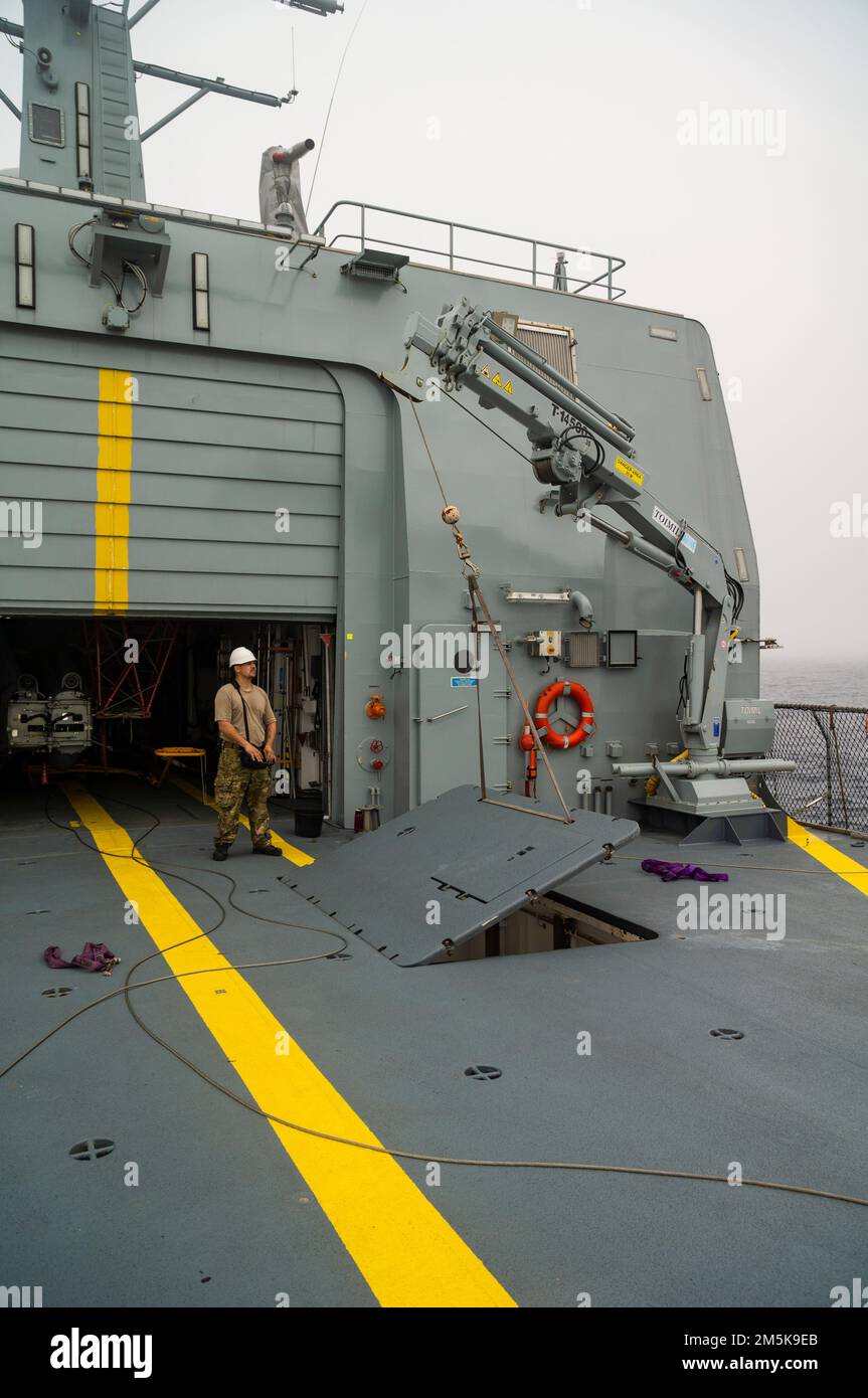 Sailors onboard the Royal Danish Navy patrol ship HDMS Triton using a ...