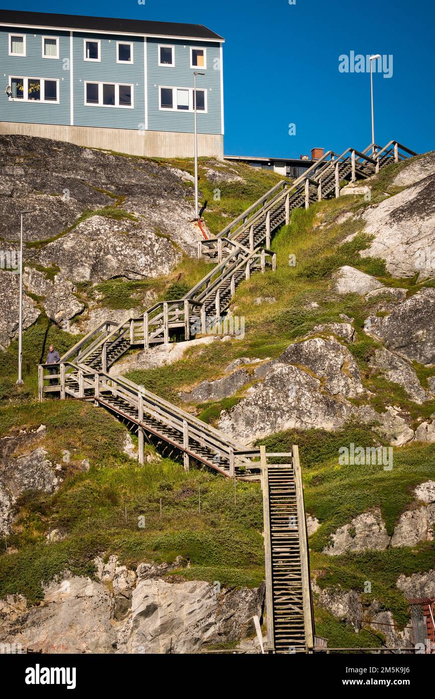 Steep set of stairs running up a cliff in Nuuk, which is located on ...
