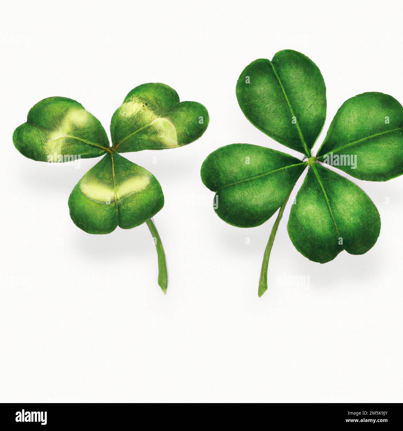 An AI illustration of two green four and three clover leaves on a white ...