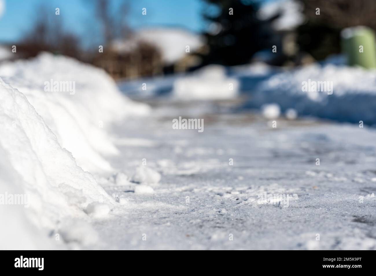 Selective focus ground level view of snow blown sidewalk section with ...