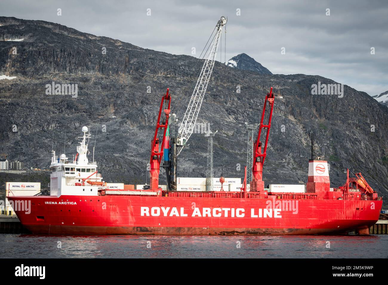 Ships of the Royal Arctic Line in the port of Nuuk on the west coast of ...