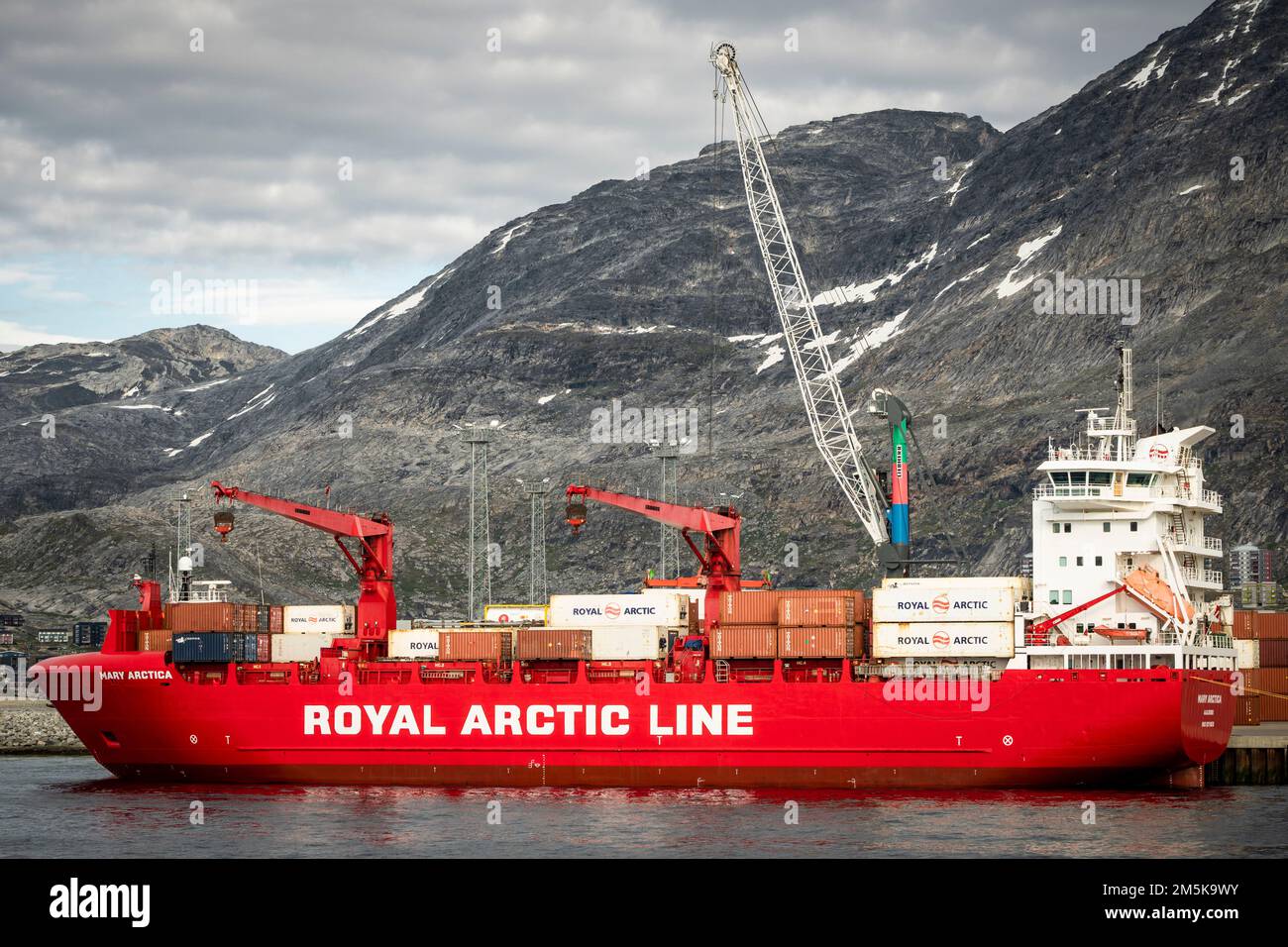 Ships of the Royal Arctic Line in the port of Nuuk on the west coast of ...