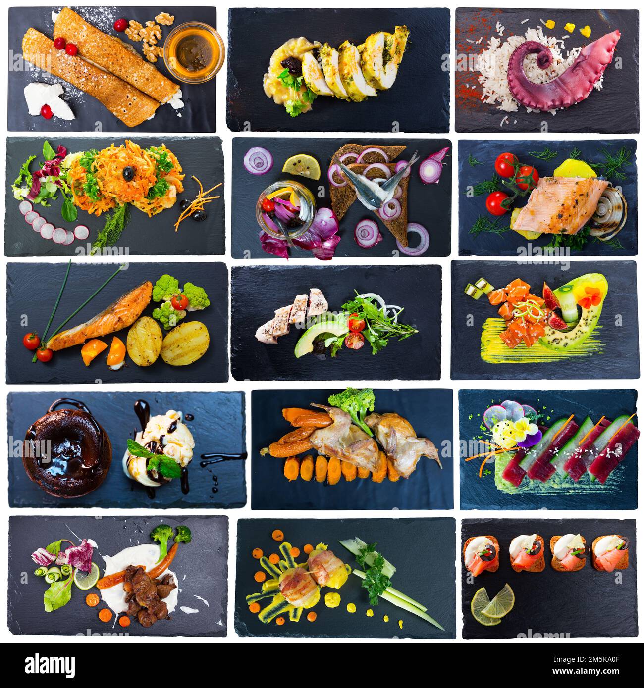 Set of dishes on square plates Stock Photo - Alamy