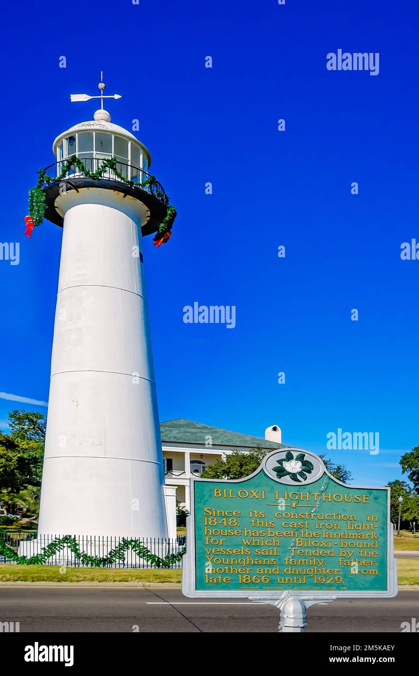 A historic marker stands in front of Biloxi Lighthouse, Dec. 28, 2022 ...