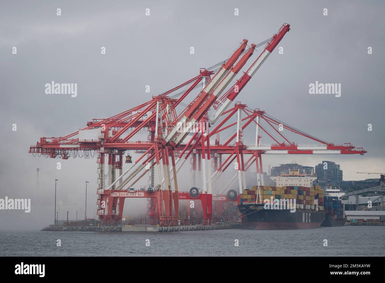 Ships loading and unloading at the south end container pier on a foggy ...