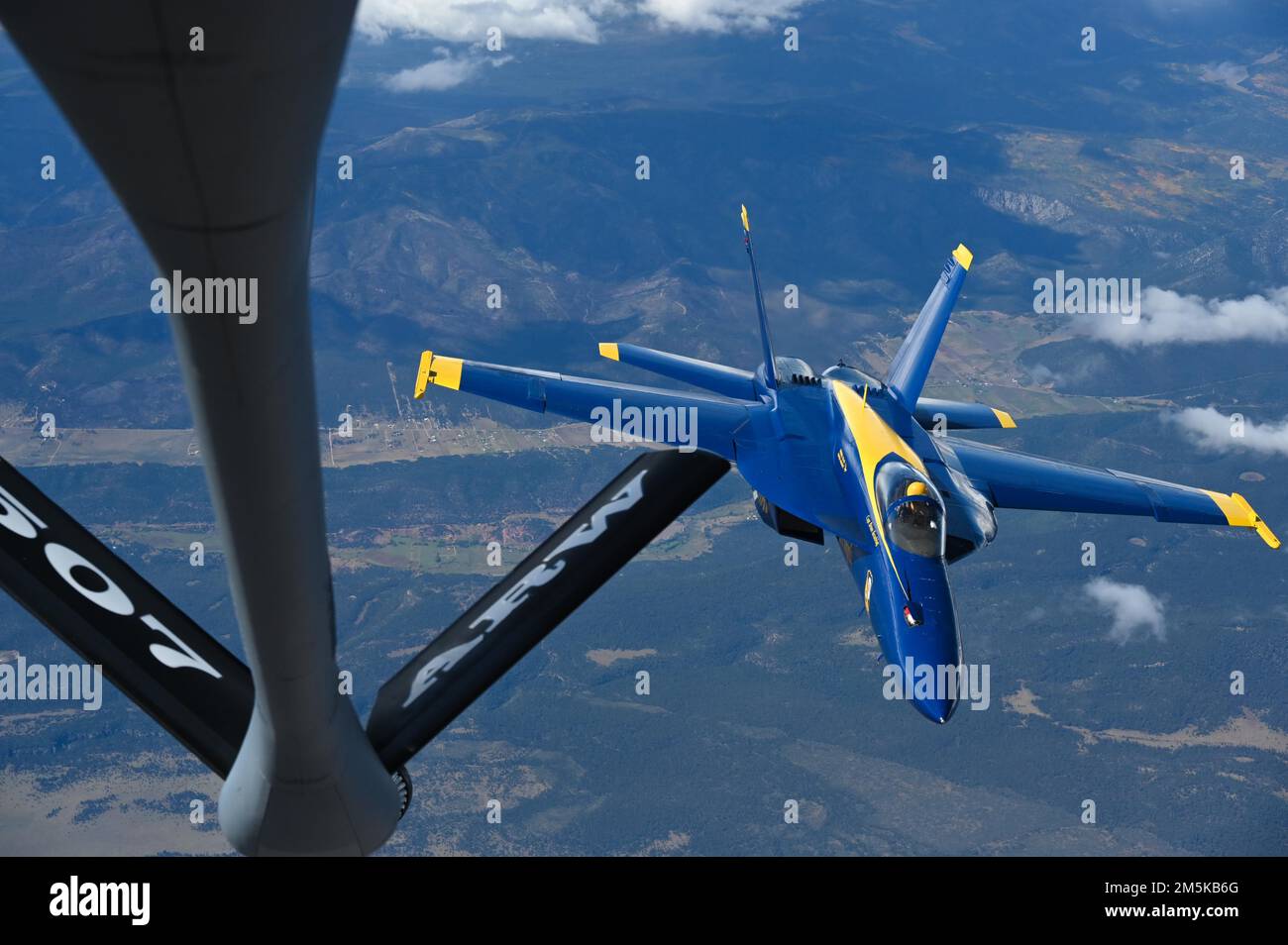 A U.S. Navy Blue Angel F/A-18E Super Hornet departs after receiving ...
