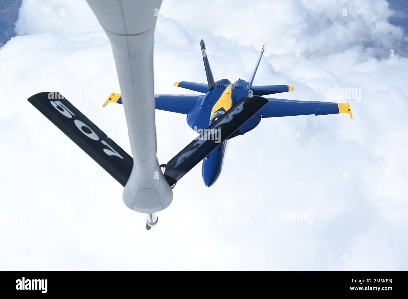 A U.S. Navy Blue Angel F/A-18E Super Hornet departs after receiving ...