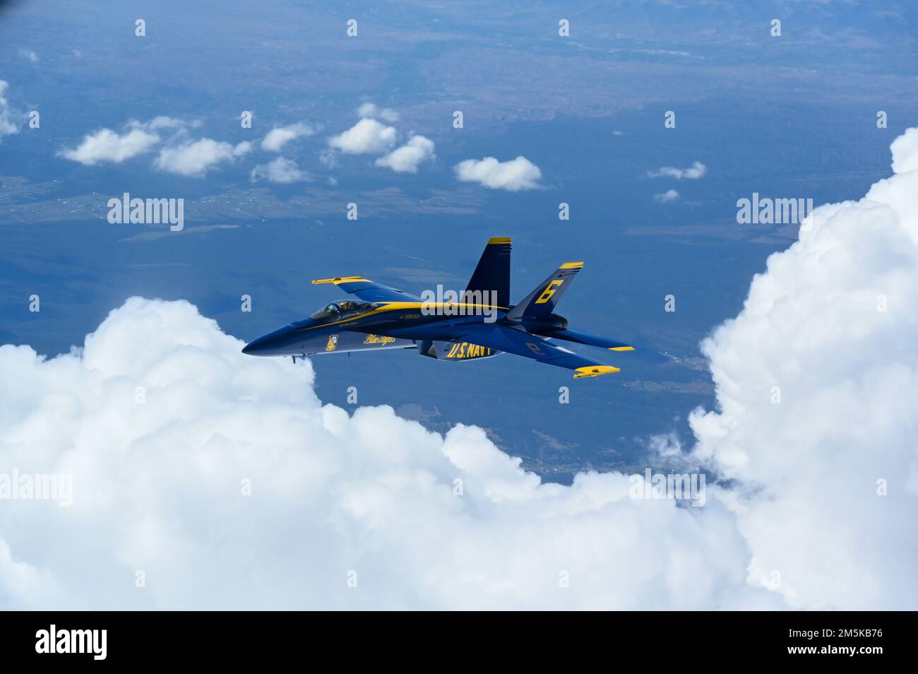 A U.S. Navy Blue Angel F/A-18E Super Hornet departs after receiving ...