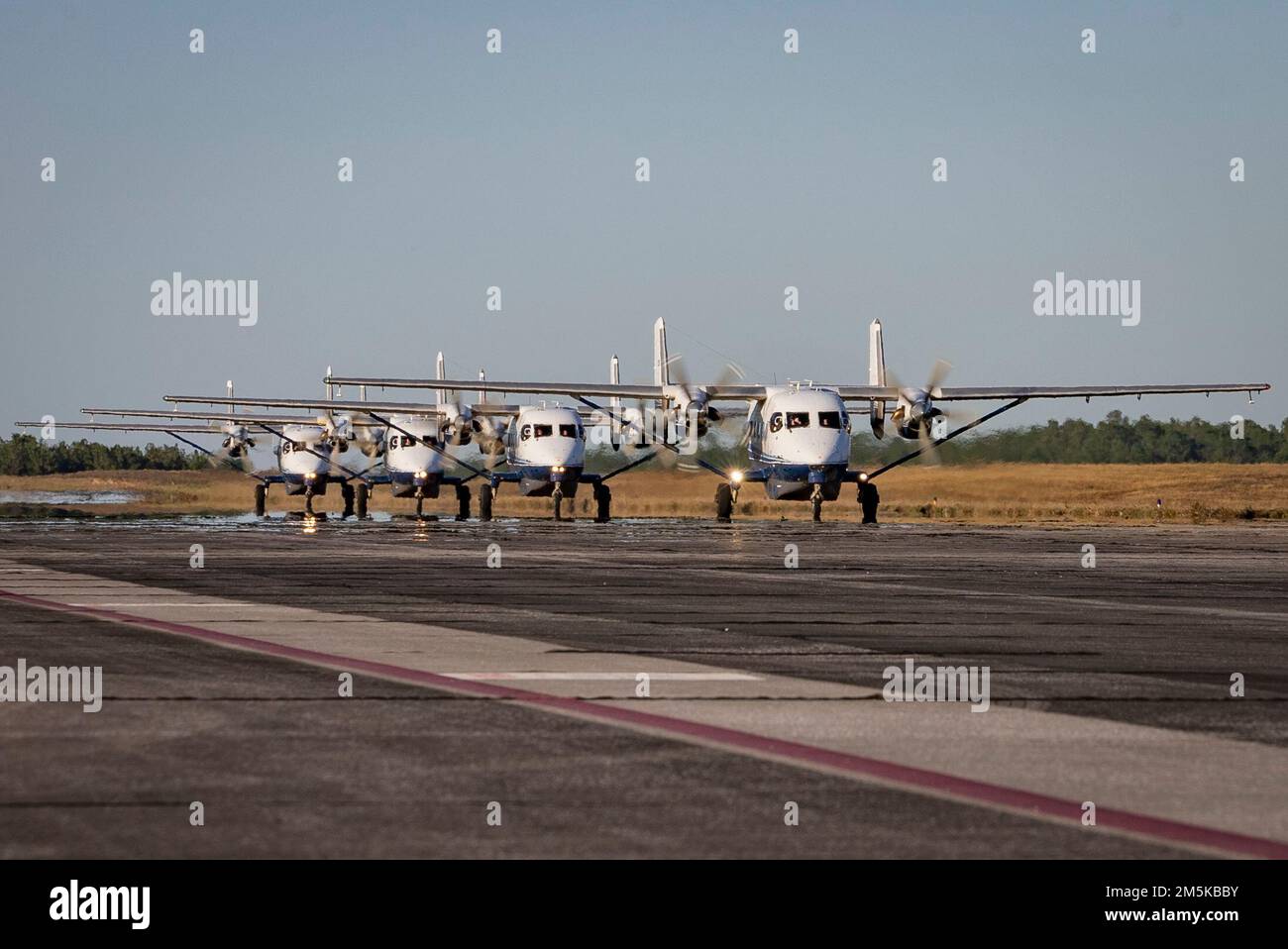 Four C-145A Combat Coyote aircraft taxi onto the flightline at Duke ...