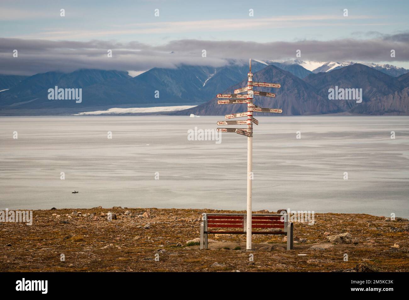 Park bench and distance sign at a viewpoint in Pond Inlet overlooking ...