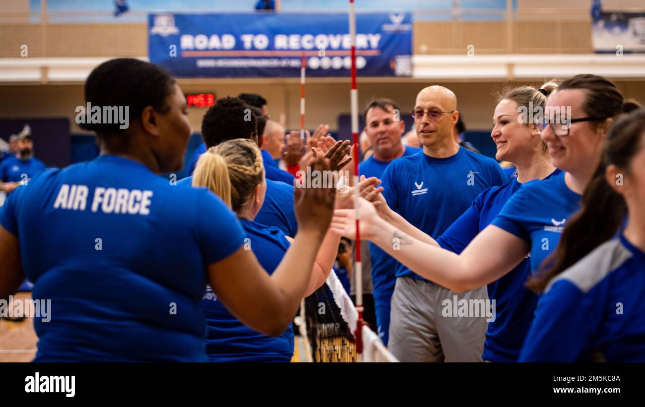 U.S. Air Force Wounded Warrior athletes congratulate each other after a ...